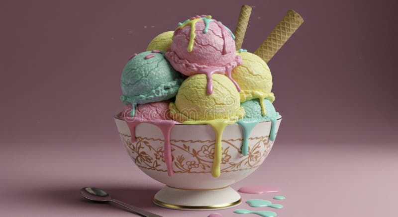 Delicious Pastel Ice Cream Sundae in Vintage Bowl Stock Illustration ...