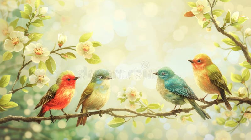 Delightful Bird Illustrations on a Soft, Spring-inspired Backdrop Evoke ...