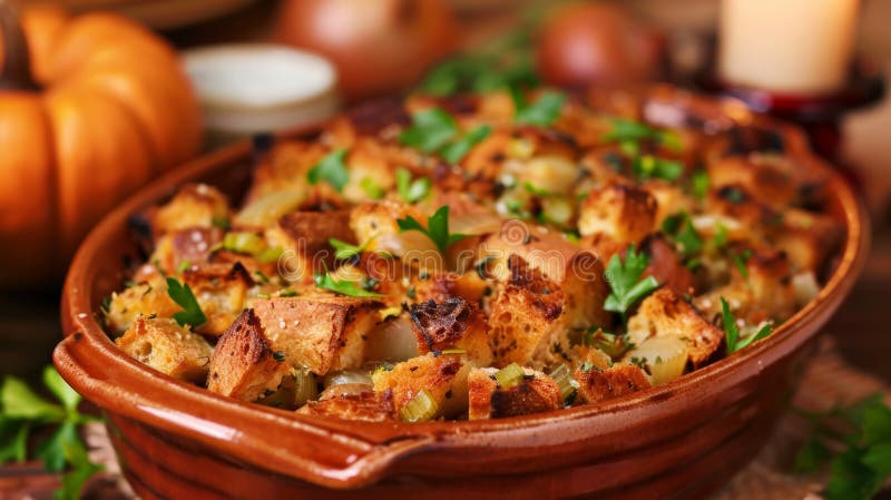 Savory Bread Stuffing with Herbs and Vegetables in a Rustic Dish during ...