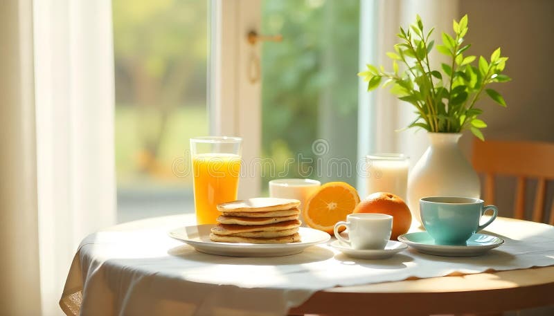 A Charming Breakfast Setting Displays Pancakes, Juice, and Coffee ...