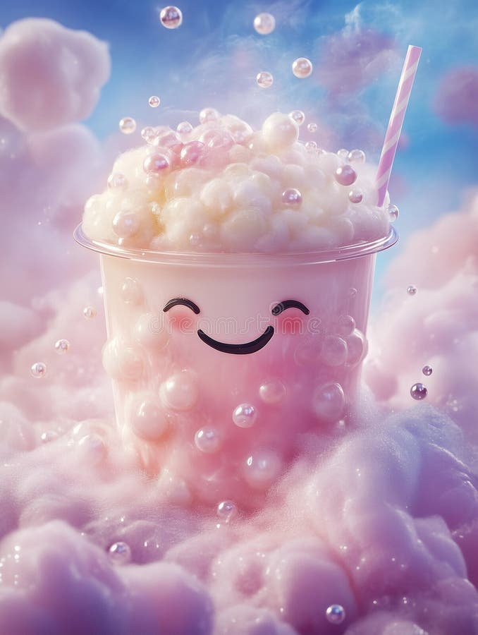 Delightful Bubble Tea Cup with a Smiling Face Surrounded by Fluffy ...