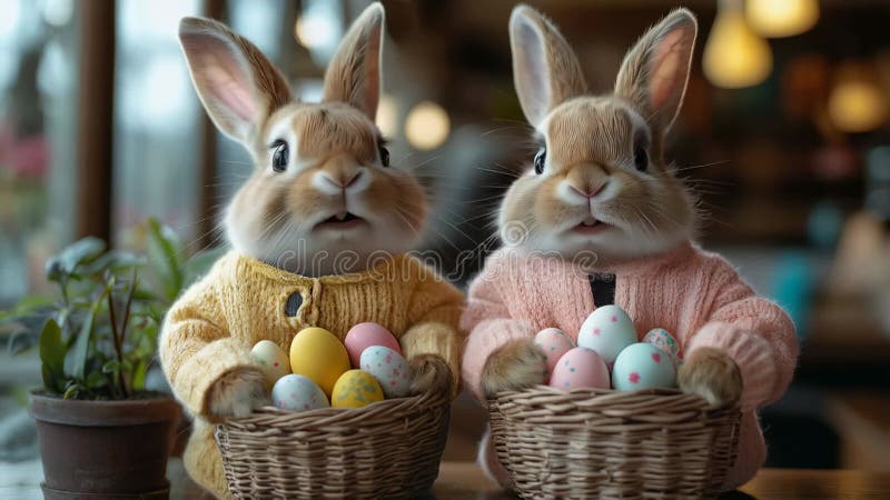 Delightful Bunnies with Colorful Easter Eggs in Baskets Stock Footage ...