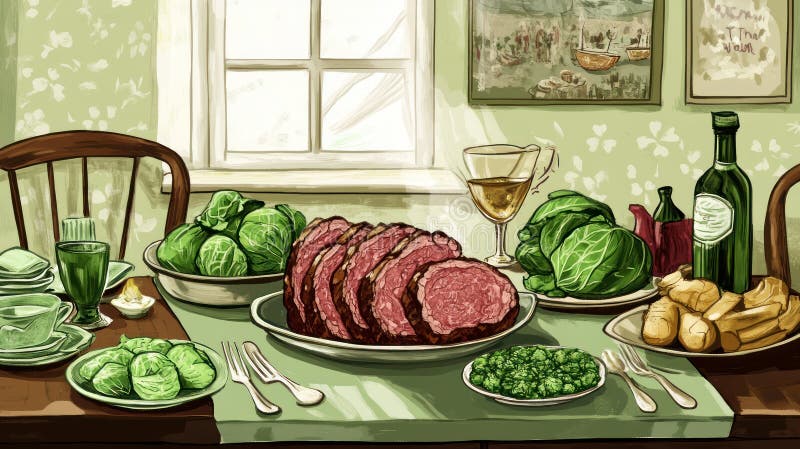 St Patricks Day Feast Table with Corned Beef and Cabbage Stock ...