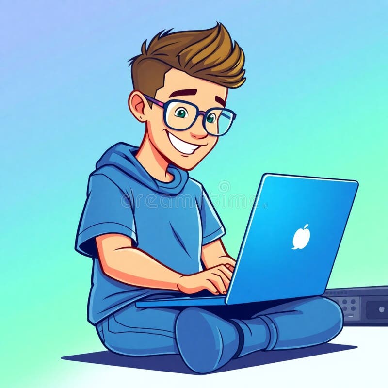 Friendly Cartoon Programmer Character Illustration with Laptop and Code for Tech and Coding ...
