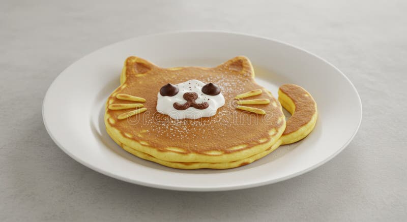 Delightful Cat-shaped Pancake Art Creation Served on a White Ceramic ...