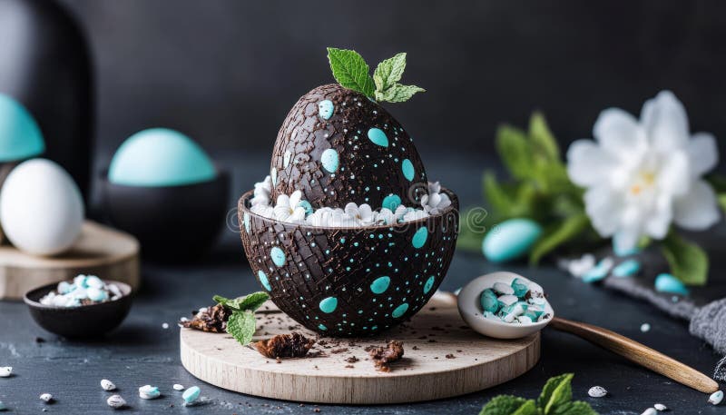 A Delightful Chocolate Egg Adorned with Sprinkles and Fresh Mint Leaves ...
