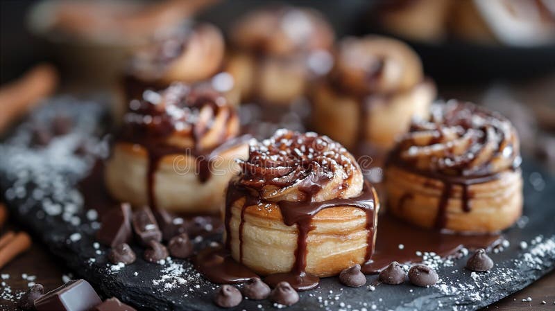 Delightful Chocolate Rolls on Rustic Slate Plate with Melted Chocolate ...