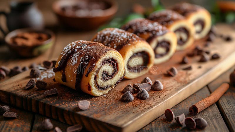 Delightful Chocolate Rolls on Rustic Slate Plate with Melted Chocolate ...