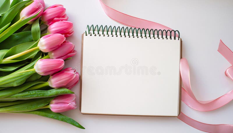Bouquet of Pink Tulips and a Notebook on a White Background Stock ...