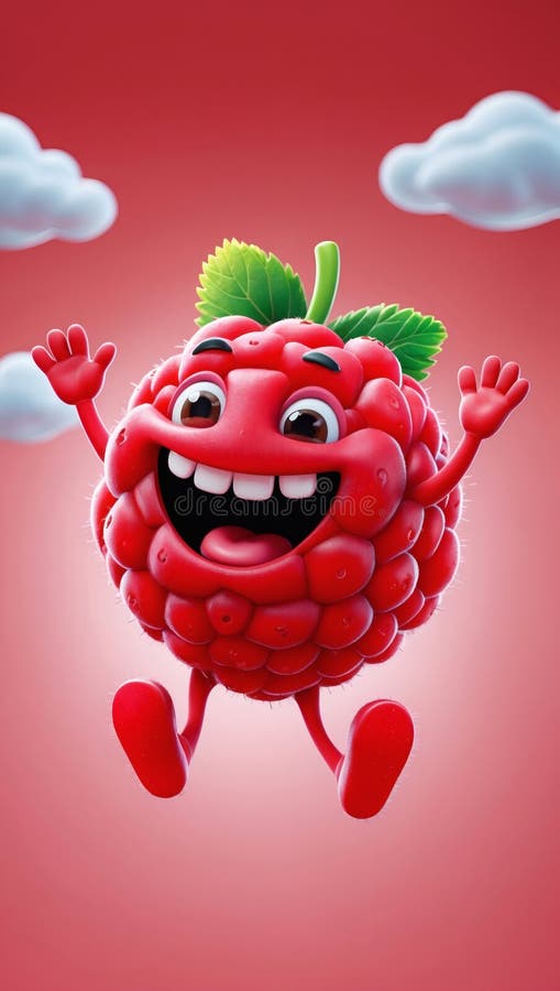 A Vibrant, Joyful 3D Raspberry Character Leaps with Delight Against a ...