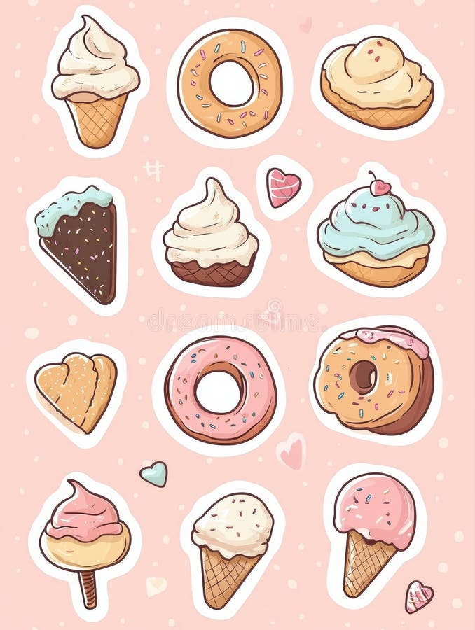 Delightful Dessert Sticker Set Featuring Donuts, Ice Cream, Cookies and ...