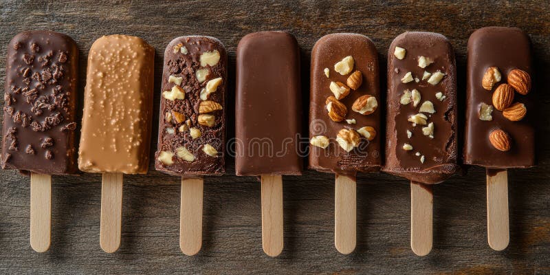 Assorted Chocolate-covered Popsicles Arranged on a Wooden Surface with ...