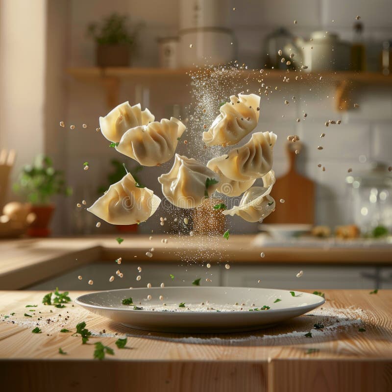 Delightful Dumplings in Mid-Air Displayed in a Cozy Kitchen Setting ...