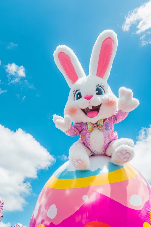 A Delightful Easter Bunny Bouncing on a Giant Inflatable Easter Egg in a Fun-filled Carnival ...