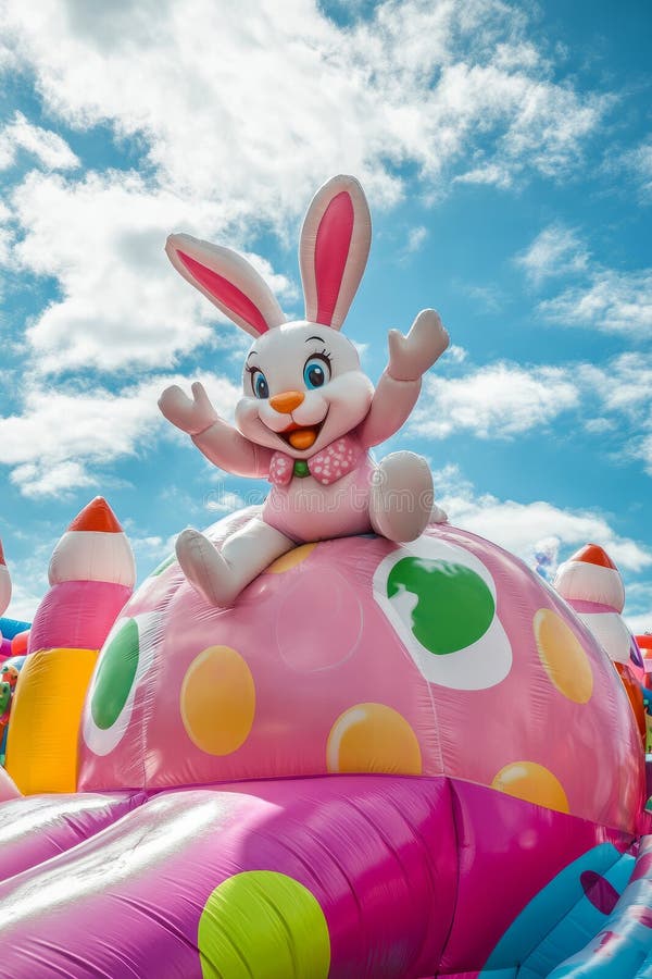 A Delightful Easter Bunny Bouncing on a Giant Inflatable Easter Egg in a Fun-filled Carnival ...