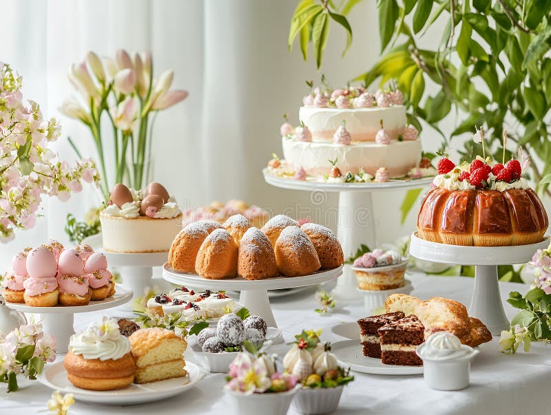 Delightful Easter Dessert Table with Cakes Pastries and Flowers Stock ...