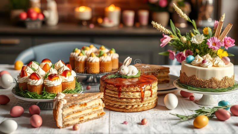 Delightful Easter Dessert Table Cakes Pastries Flowers Stock Photos ...