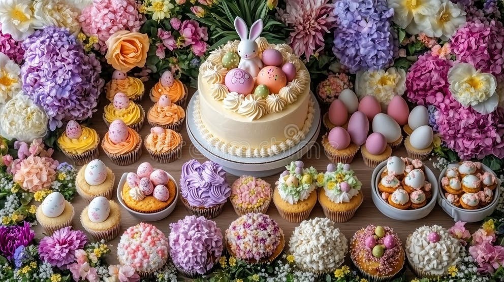 Delightful Easter Feast: Cakes, Cupcakes, and Blossoms Abound Stock Illustration - Illustration ...