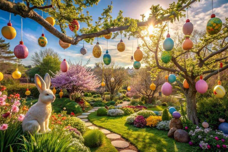 A Delightful Easter Garden Panorama Pastel Eggs Charming Bunny Statues and Springtime Blooms in ...