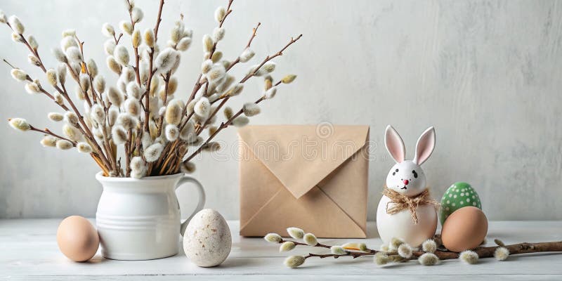 Delightful Easter Greeting Card Mockup Featuring Playful Bunny Eggs Delicate Willow Branches and ...