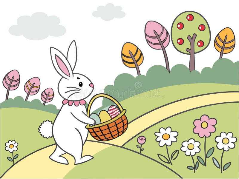 A Delightful Easter Scene with a Bunny Carrying a Basket of Decorated ...