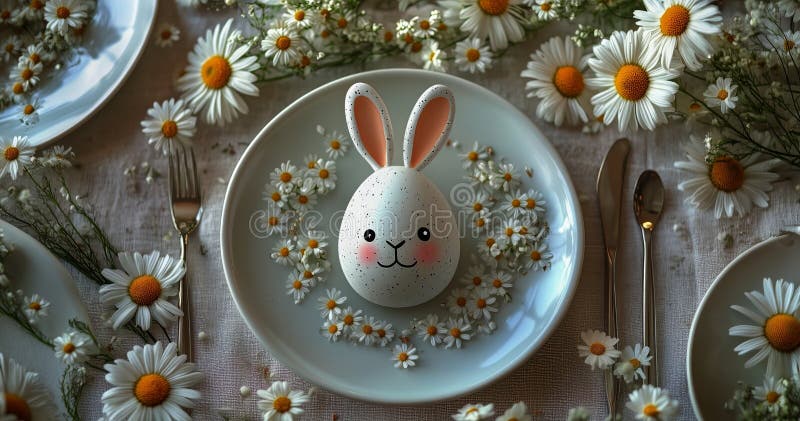 Delightful Easter Setup with Bunny-Shaped Egg Surrounded by Flowers on ...