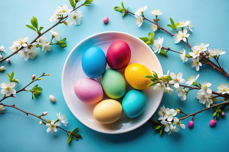 Delightful Easter Springtime Still Life Painted Eggs Blossoms a Vibrant ...