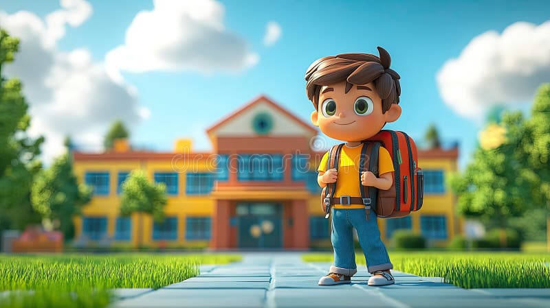 Delightful First Grader Standing Joyfully in Front of the School ...