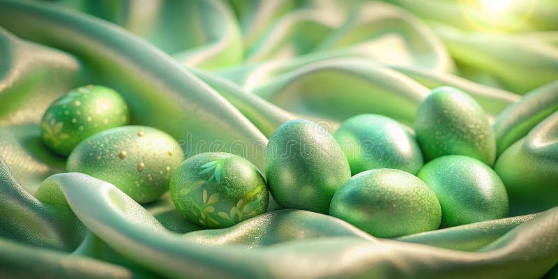 Delightful Green Easter Eggs Nestled in Silken Fabric. Generative AI Stock Illustration ...