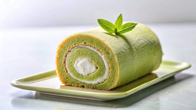 Delightful Green Tea Swiss Roll Cake on a Pale Green Rectangular Plate ...