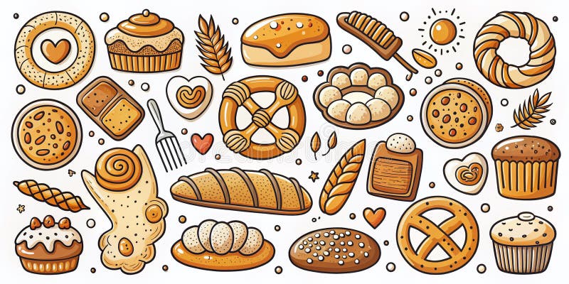 Delightful HandDrawn Doodle Illustrations of Cartoon Bread and Bakery ...