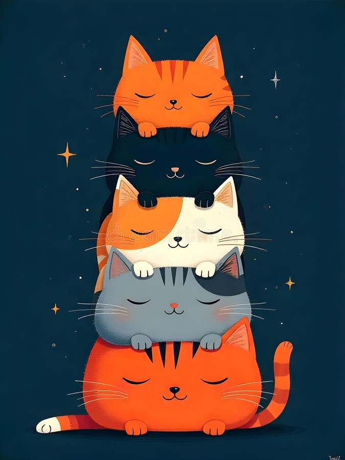 A Delightful Illustration Features a Stack of Sleeping Cartoon Cats in ...