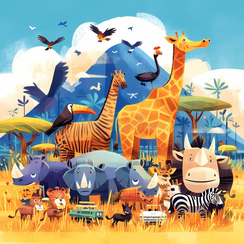 Friendly Wildlife Gathering, Illustration Style Stock Illustration ...