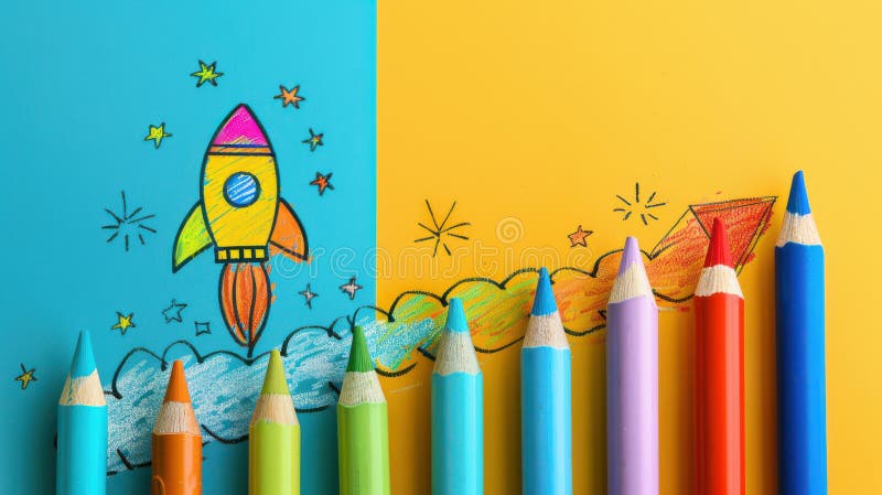 Playful Illustration of a Crayon Rocket and Colored Pencils on a Split ...