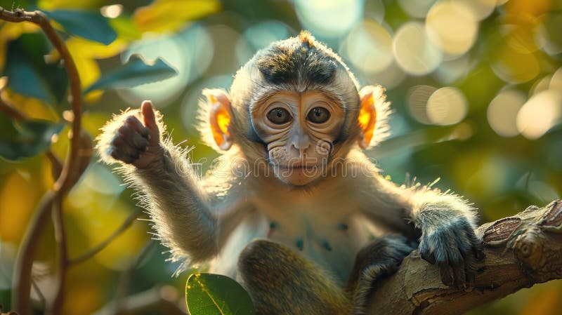 Adorable Monkey Giving Thumbs Up while Hanging on Tree Branch Stock ...