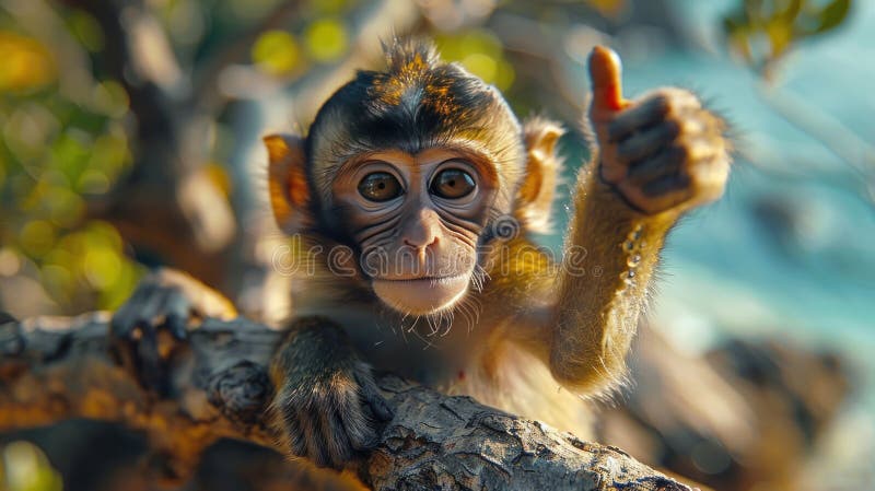 Adorable Monkey Giving Thumbs Up while Hanging on Tree Branch Stock ...
