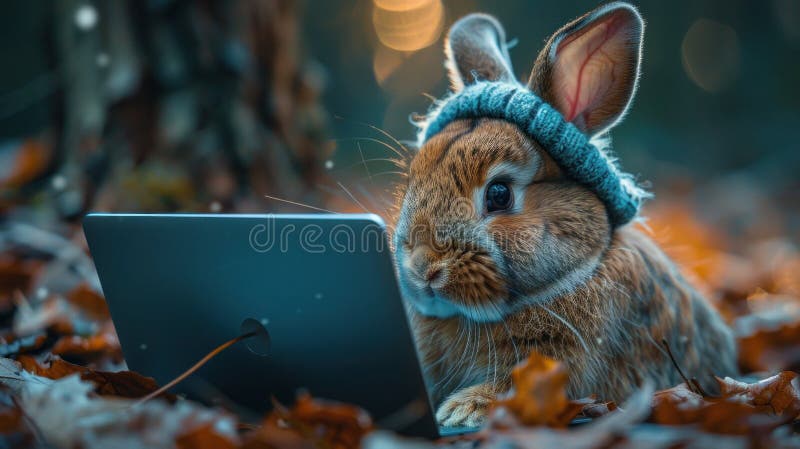 Tech-Savvy Bunny: Adorable Rabbit Using a Laptop for Work or Play Stock ...