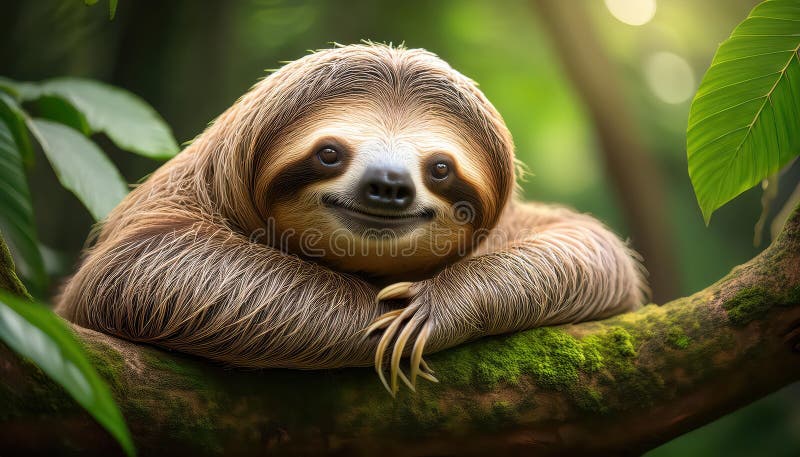 Friendly and Smiling Sloth on Tree Branch in Vibrant Tropical ...