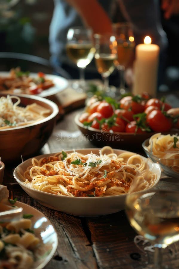 A Delightful Italian Dinner Setting with Various Pasta Dishes, Wine ...