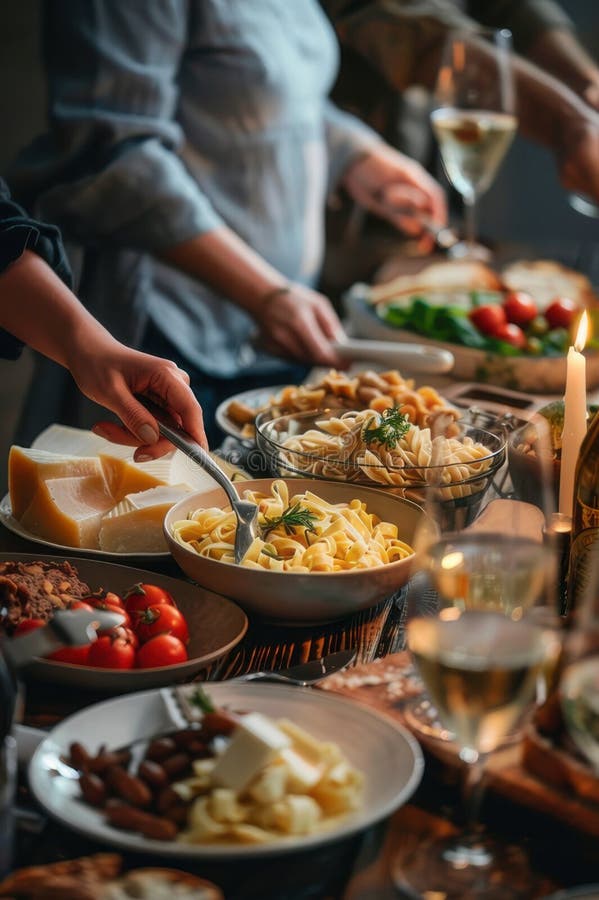 A Delightful Italian Dinner Setting with Various Pasta Dishes, Wine ...