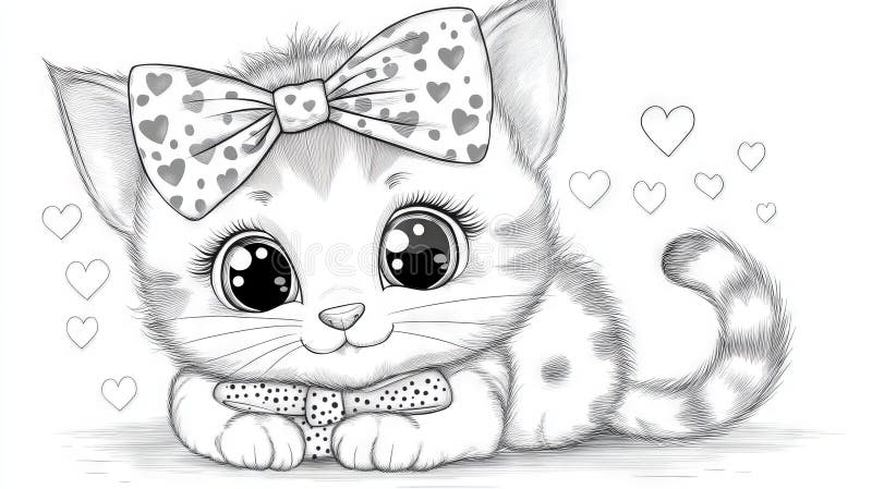 A Delightful Kitten Drawing Featuring a Backdrop of Hearts, Ready for ...