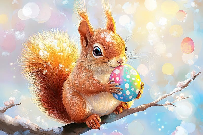 A Delightful Little Squirrel Clutches a Bright Easter Egg while Perched ...