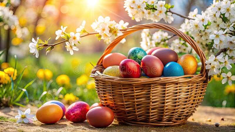 A Delightful Pastel Easter Egg Display in a Rustic Wicker Basket Surrounded by Spring Flowers a ...