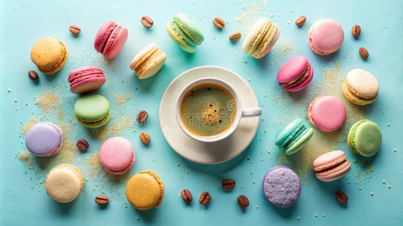 Delightful Pastel Macarons Arranged Around a Cup of Coffee on a Light ...