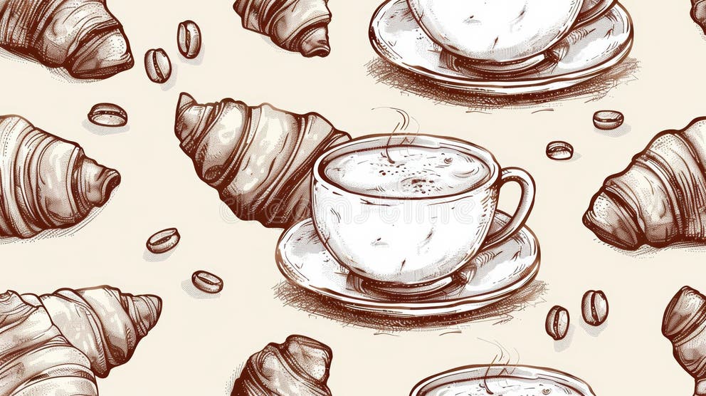 A Delightful Pattern Featuring Croissants and Coffee Cups, Perfect for ...