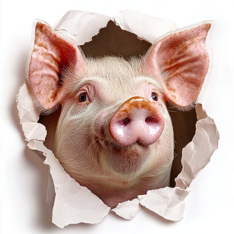 A Cheerful Pig Peeks through a Torn Paper Backdrop. this Playful Image ...