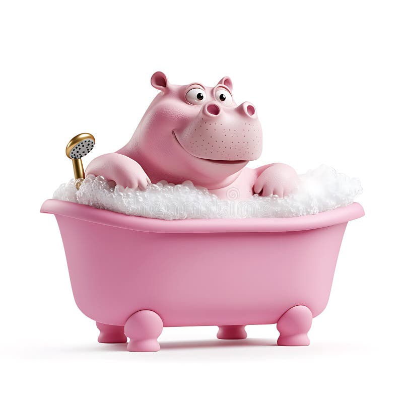 Delightful Pink Hippo Enjoying a Bubble Bath with a Shower Head on a ...