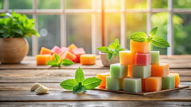 Delightful Pyramid of Refreshing Fruit Cubes Garnished with Mint on ...