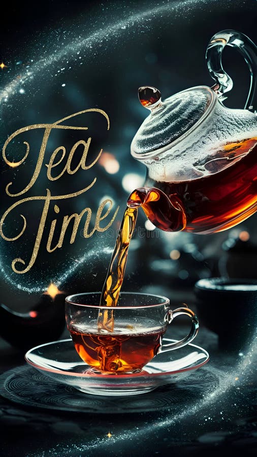 Delightful Relax Ritual with Cup of Black Tea and Kettle. Labeled "Tea ...