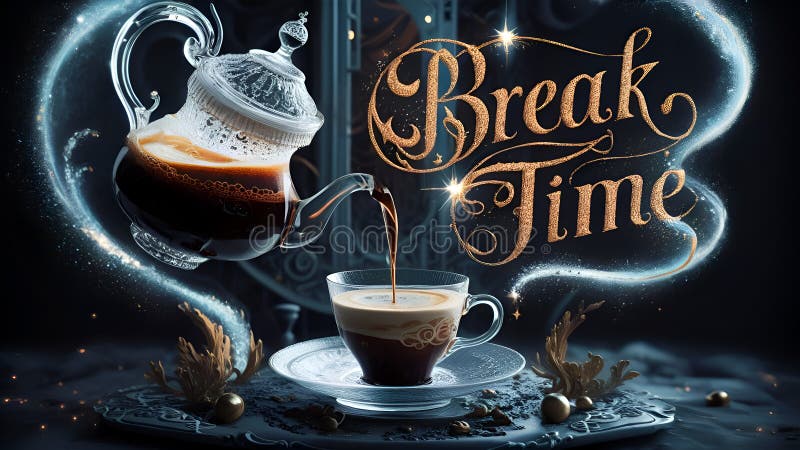 Delightful Relax Ritual with Cup of Coffee and Kettle. Labeled "Break ...